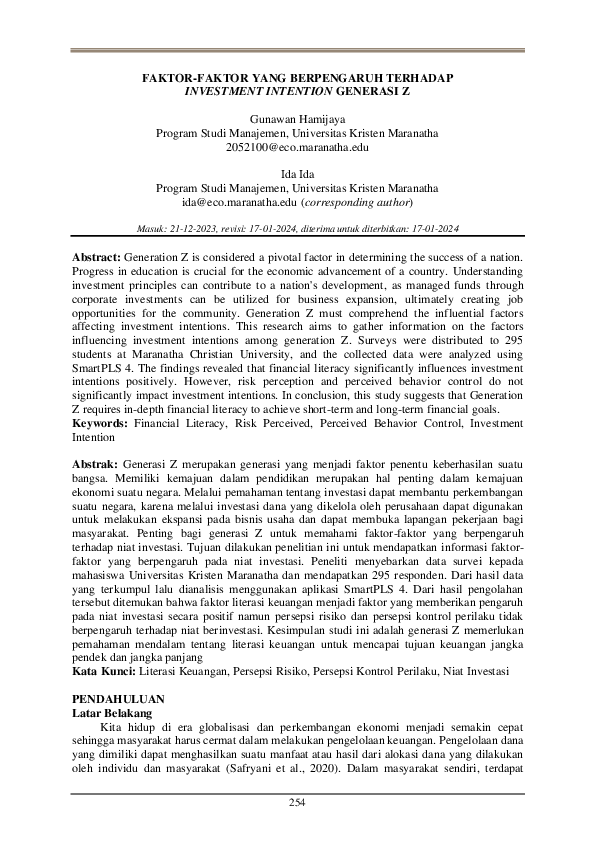 (PDF) Faktor-faktor yang berpengaruh terhadap investment intention generasi Z