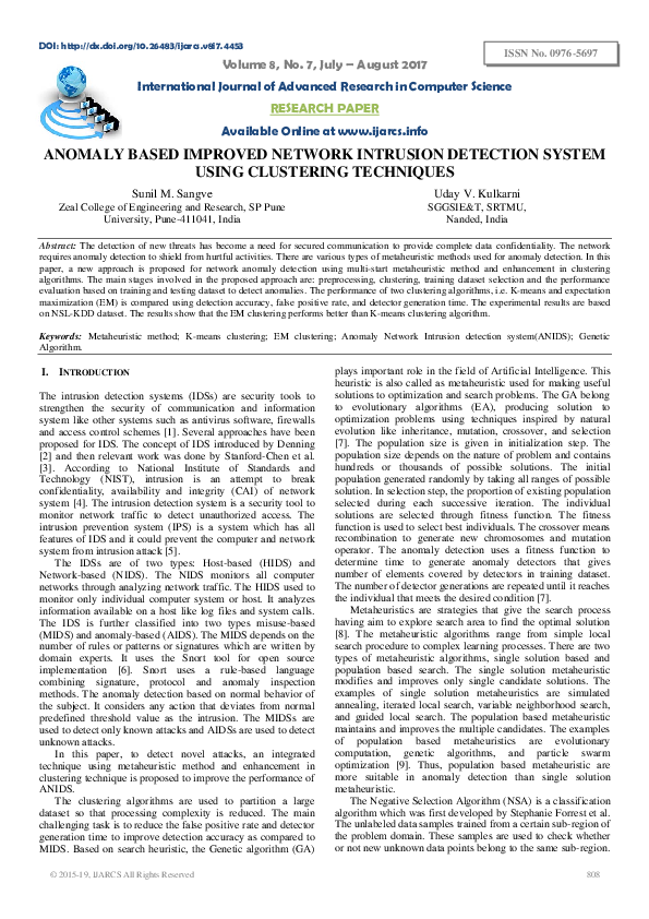 (PDF) Anomaly Based Improved Network Intrusion Detection System Using Clustering Techniques