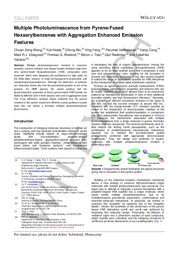 (PDF) Multiple Photoluminescence from Pyrene‐Fused Hexaarylbenzenes ...