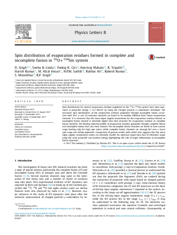 (PDF) Spin distribution of evaporation residues formed in complete and ...