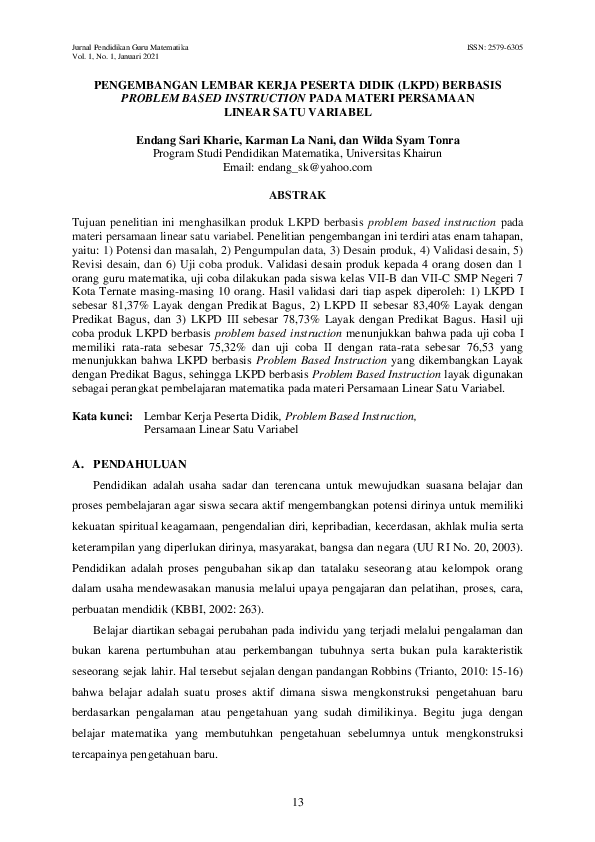 (PDF) Pengembangan Lembar Kerja Peserta Didik (LKPD) Berbasis Problem Based Instruction pada ...