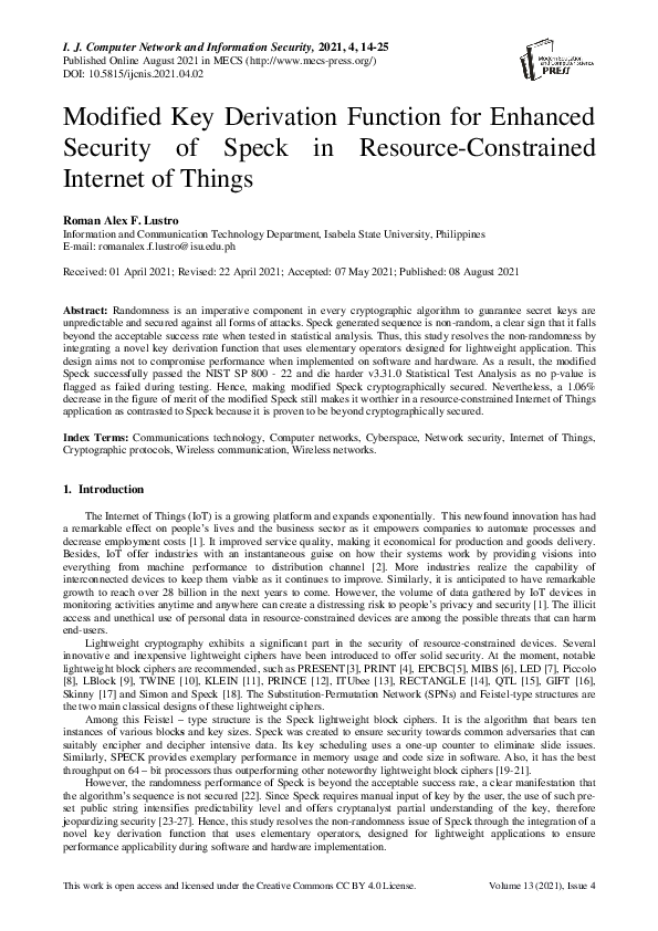 (PDF) Modified Key Derivation Function for Enhanced Security of Speck in Resource-Constrained ...