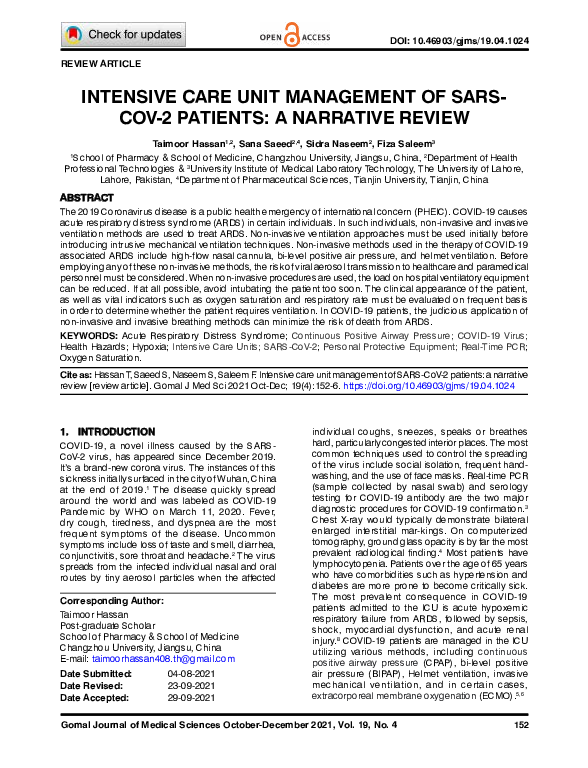 (PDF) Intensive Care Unit Management of SARS-COV-2 Patients: A ...