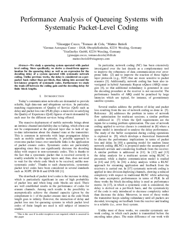 Pdf Performance Analysis Of Queueing Systems With Systematic Packet Level Coding Tomaso De