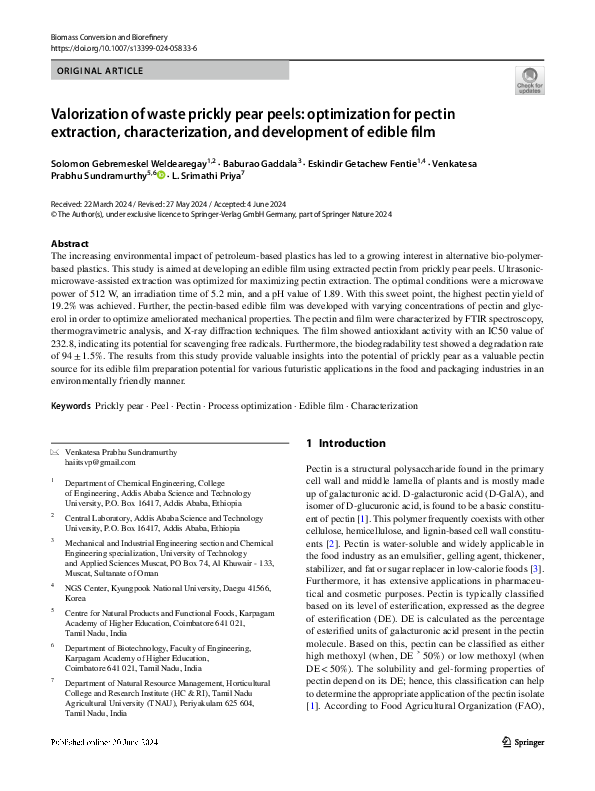 (PDF) Valorization of waste prickly pear peels: optimization for pectin extraction ...