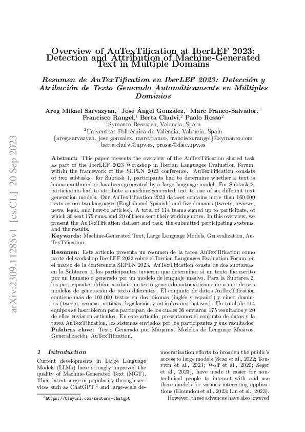 (PDF) Overview of AuTexTification at IberLEF 2023: Detection and Attribution of Machine ...