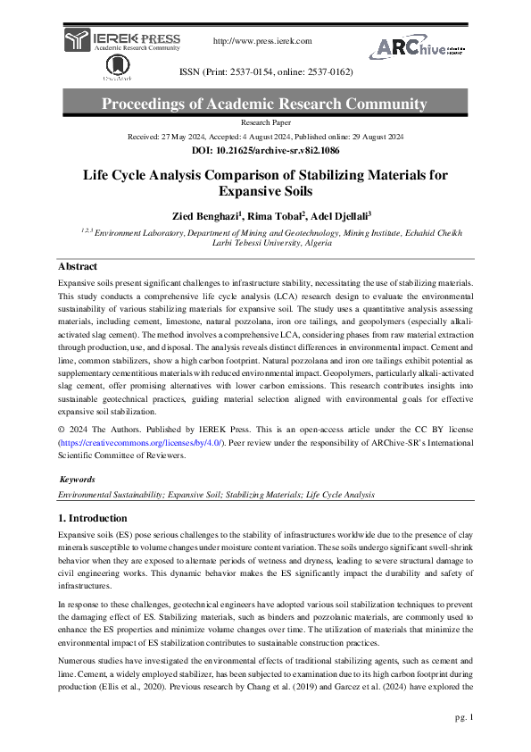 (PDF) Life Cycle Analysis Comparison of Stabilizing Materials for Expansive Soils