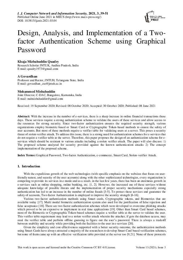 Pdf Design Analysis And Implementation Of A Two Factor Authentication Scheme Using Graphical