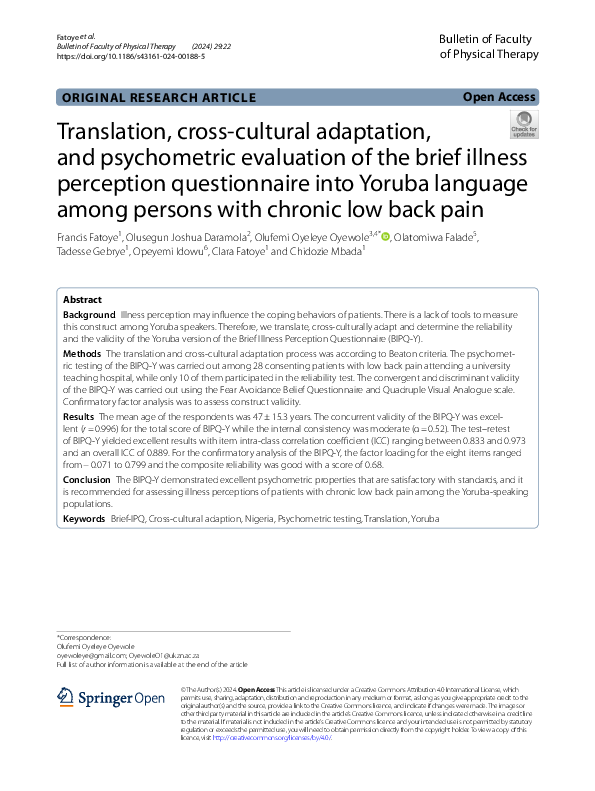 (PDF) Translation, cross-cultural adaptation, and psychometric evaluation of the brief illness ...