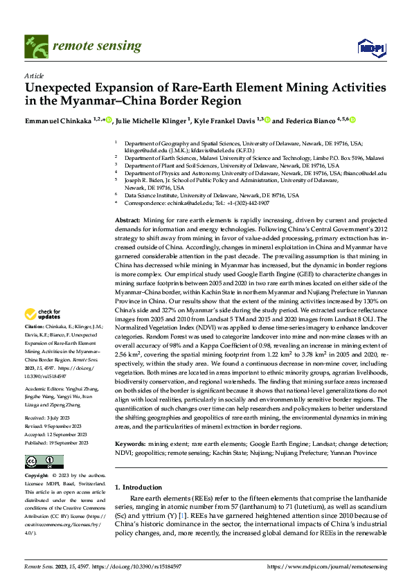 (PDF) Unexpected Expansion of Rare-Earth Element Mining Activities in the Myanmar–China Border ...