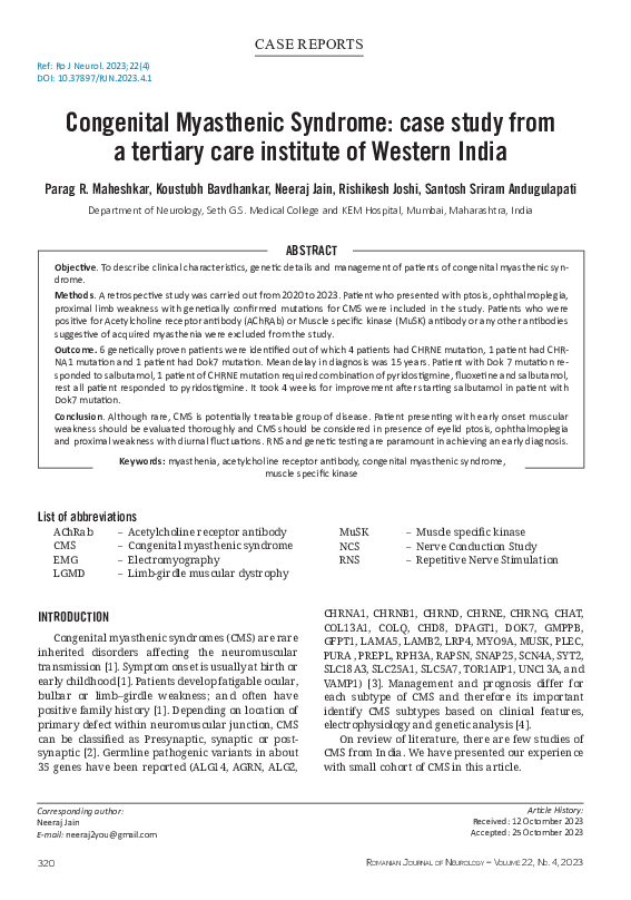 (PDF) Congenital Myasthenic Syndrome: case study from a tertiary care ...