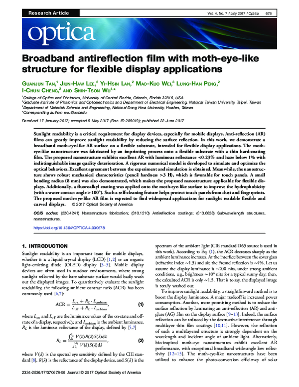 (PDF) Broadband antireflection film with moth-eye-like structure for flexible display applications