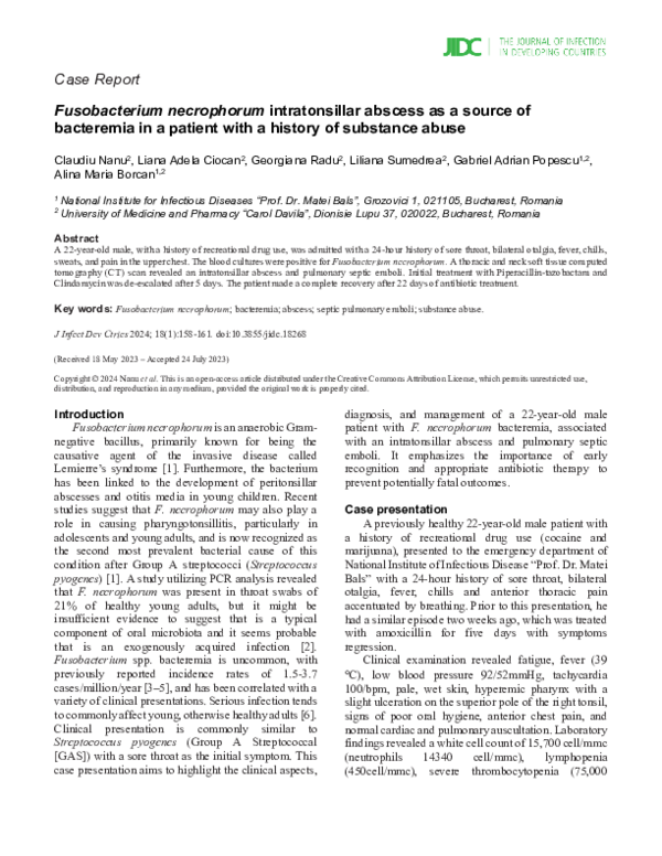 (PDF) Fusobacterium necrophorum intratonsillar abscess as a source of ...