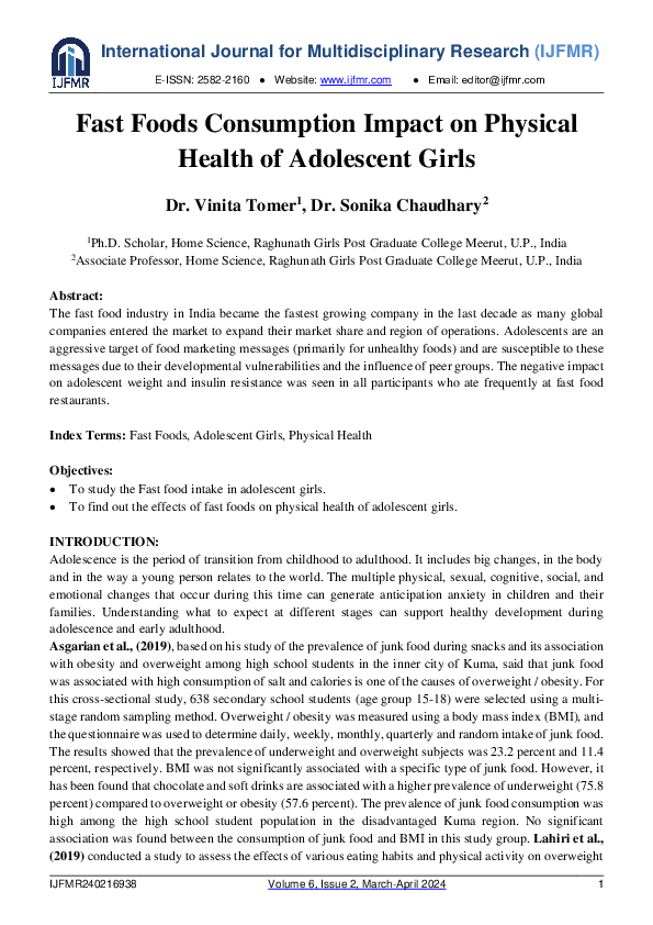 (PDF) Fast Foods Consumption Impact on Physical Health of Adolescent Girls