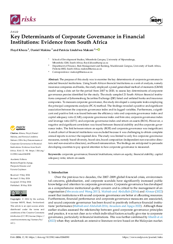 (PDF) Key Determinants of Corporate Governance in Financial Institutions: Evidence from South Africa