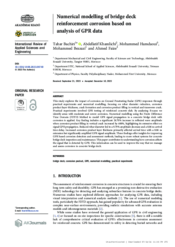 Pdf Numerical Modelling Of Bridge Deck Reinforcement Corrosion Based On Analysis Of Gpr Data