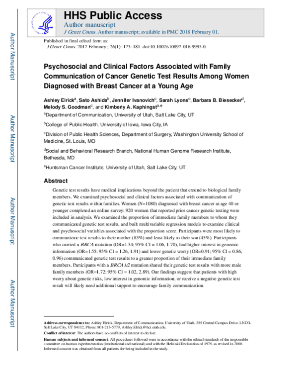 (PDF) Psychosocial and Clinical Factors Associated with Family Communication of Cancer Genetic ...