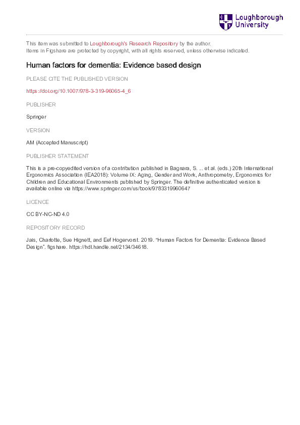 (PDF) Human Factors for Dementia: Evidence-Based Design