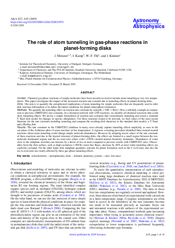 (PDF) The role of atom tunneling in gas-phase reactions in planet ...
