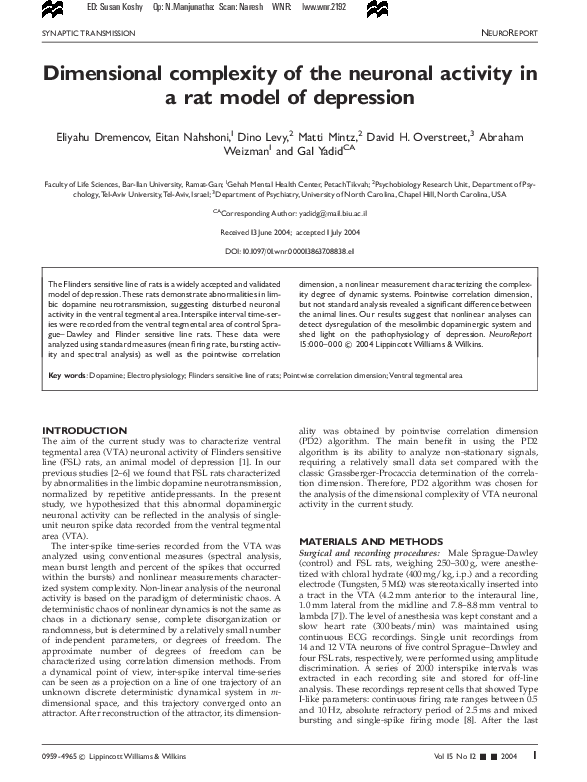 (PDF) Dimensional complexity of the neuronal activity in a rat model of depression | Dino Levy ...