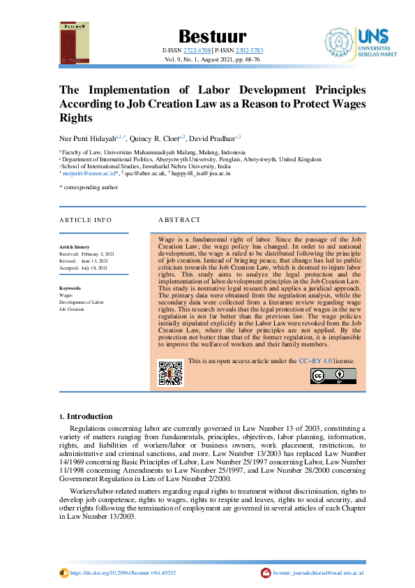 (PDF) The Implementation of Labor Development Principles According to Job Creation Law as a ...