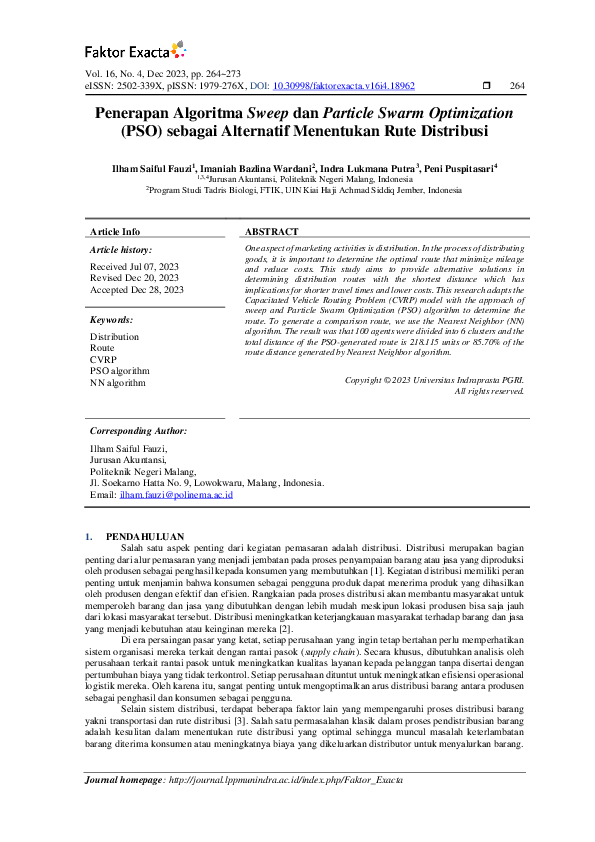 (PDF) Penerapan Algoritma Sweep dan Particle Swarm Optimization (PSO) sebagai Alternatif ...