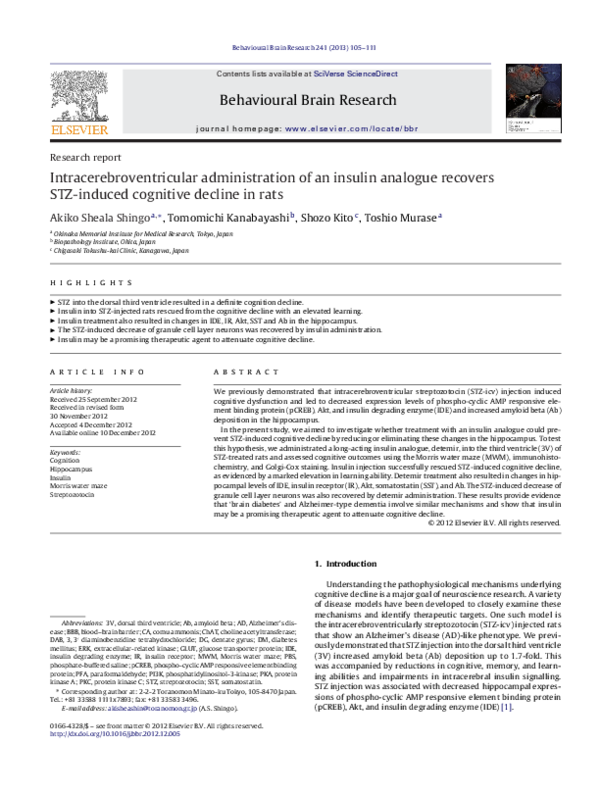 (PDF) Intracerebroventricular administration of an insulin analogue ...
