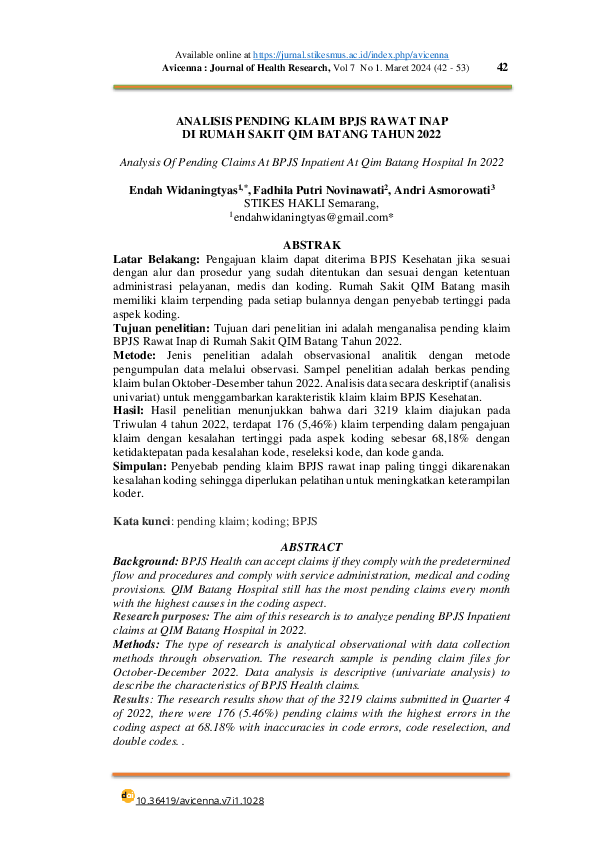 (PDF) Analisis Pending Klaim BPJS Rawat Inap DI Rumah Sakit Qim Batang Tahun 2022