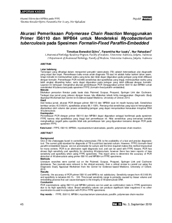 (PDF) Akurasi Pemeriksaan Polymerase Chain Reaction Menggunakan Primer IS6110 dan MPB64 untuk ...