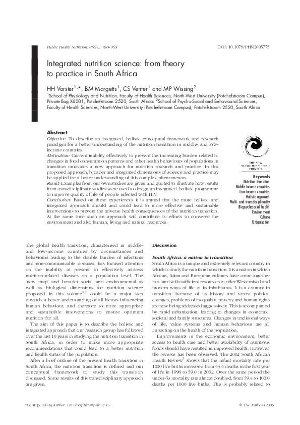 (PDF) Integrated nutrition science: from theory to practice in South Africa