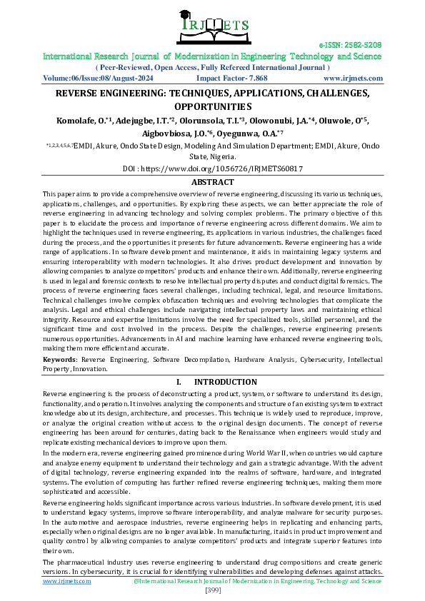 (PDF) REVERSE ENGINEERING: TECHNIQUES, APPLICATIONS, CHALLENGES, OPPORTUNITIES