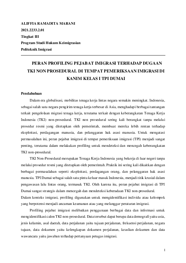 (PDF) PERAN PROFILING PEJABAT IMIGRASI TERHADAP DUGAAN TKI NON PROSEDURAL DI TPI DI KANIM KELAS ...