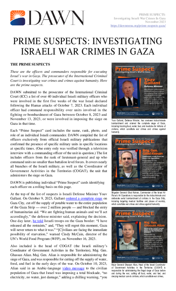 (PDF) Prime Suspects: Investigating Israeli War Crimes In Gaza (2023-11 / Dawnmena.org)