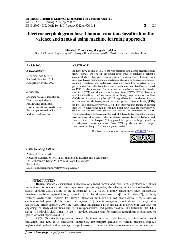 (PDF) Electroencephalogram based human emotion classification for valence and arousal using ...