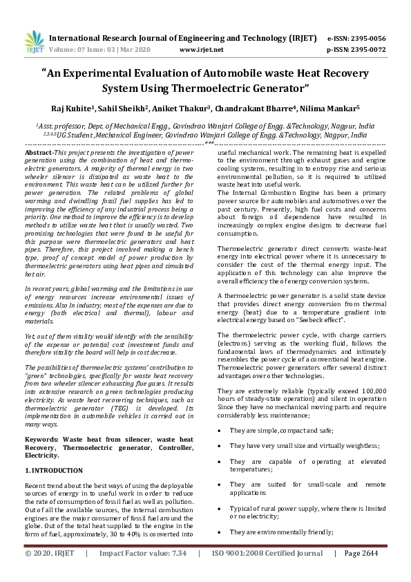 (PDF) Automobile Waste Heat Recovery System Using Thermoelectric Generator