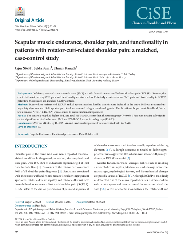 (PDF) Scapular muscle endurance, shoulder pain, and functionality in ...