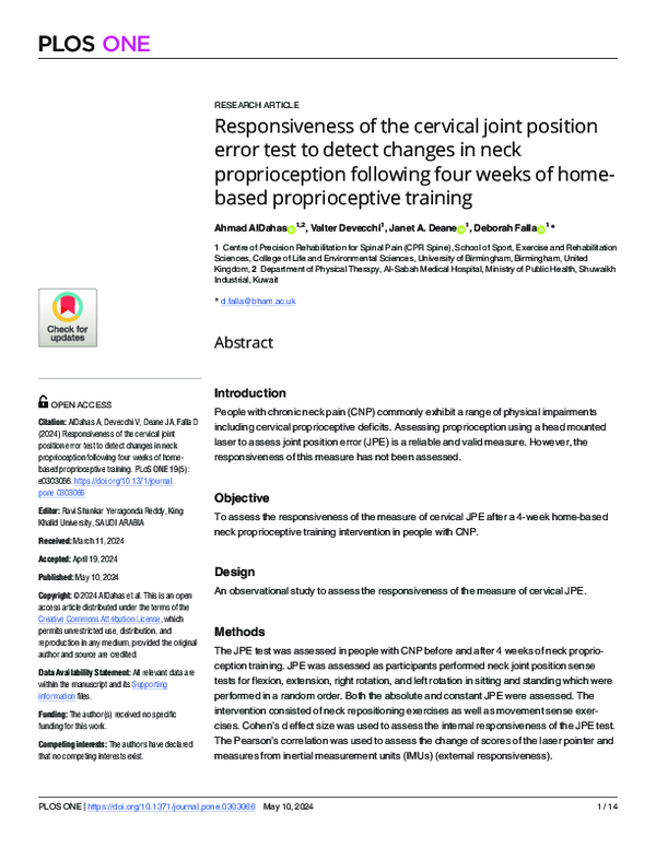 (PDF) Responsiveness of the cervical joint position error test to ...