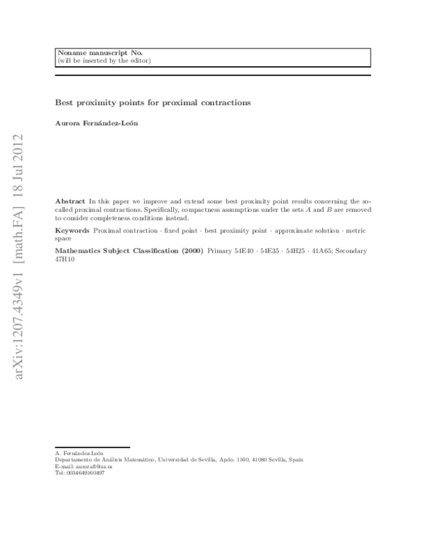(PDF) Best proximity points for proximal contractions