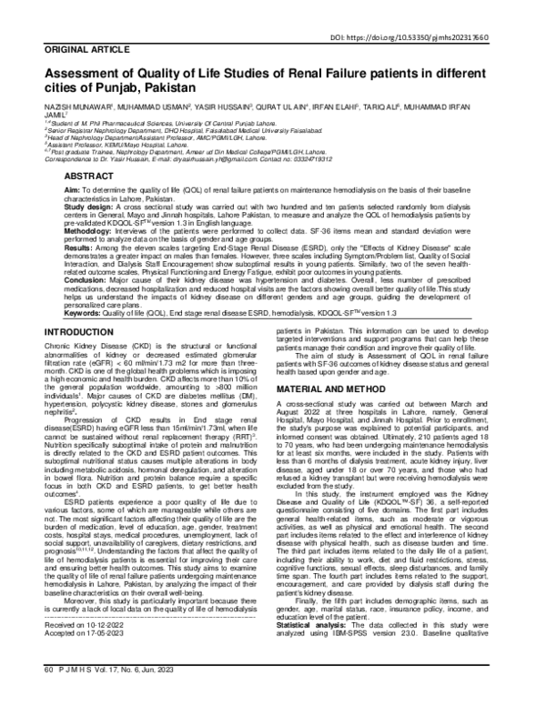 (PDF) Assessment of Quality of Life Studies of Renal Failure patients ...