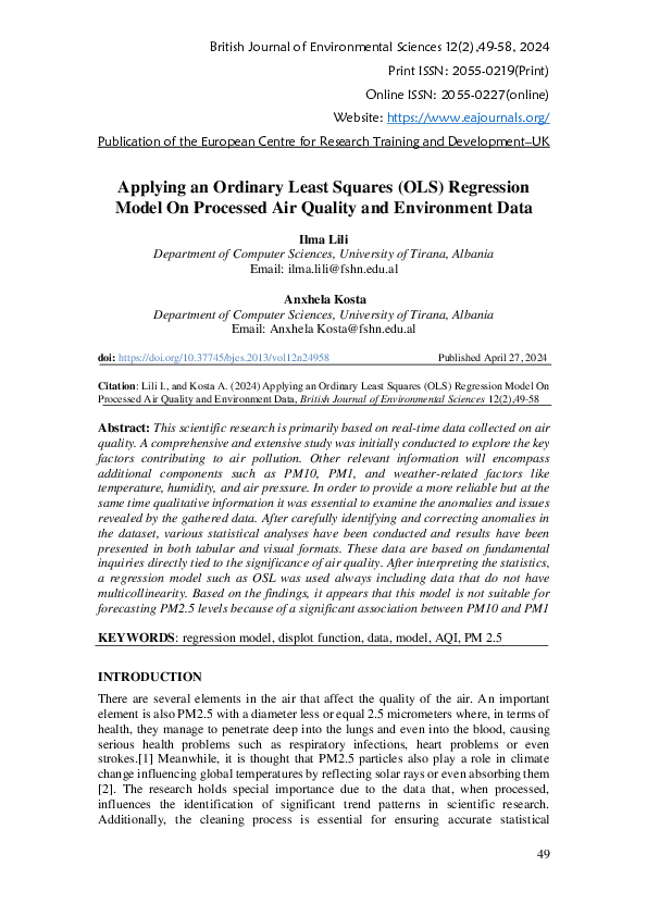 (PDF) Applying an Ordinary Least Squares (OLS) Regression Model On Processed Air Quality and ...