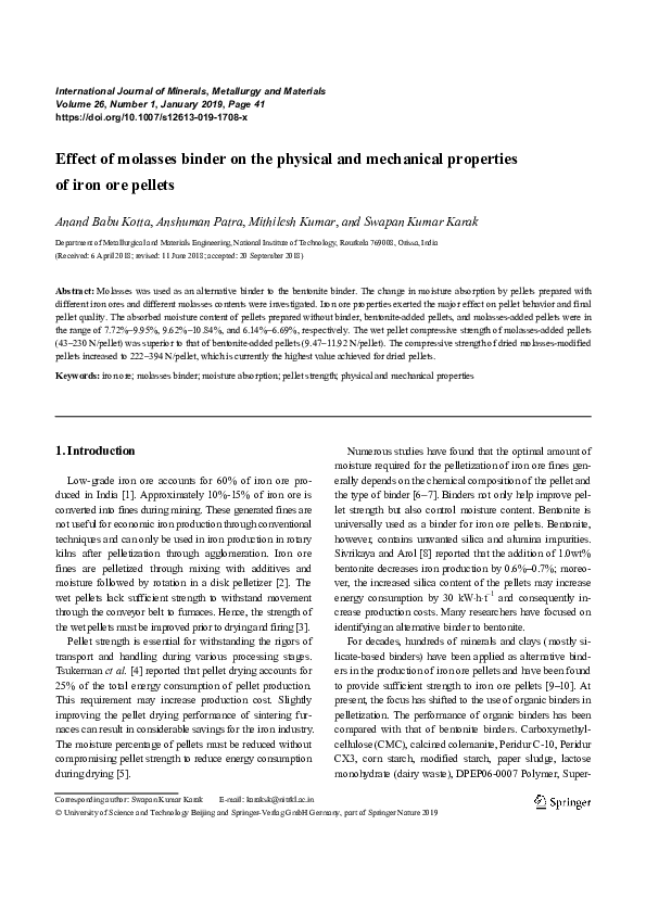 (PDF) Effect of molasses binder on the physical and mechanical properties of iron ore pellets