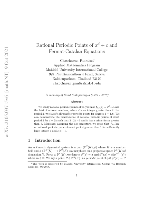 (PDF) Rational Periodic Points of $x^d+c$ and Fermat-Catalan Equations