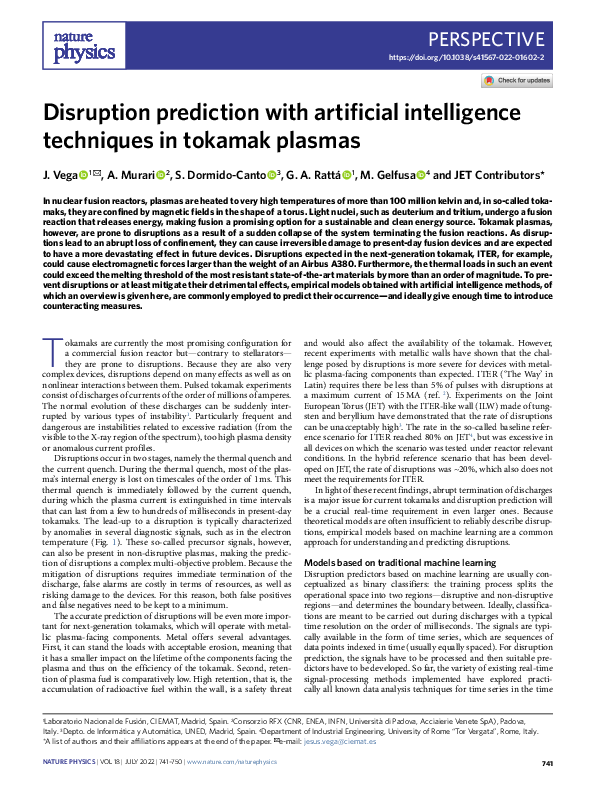 (PDF) Disruption prediction with artificial intelligence techniques in tokamak plasmas