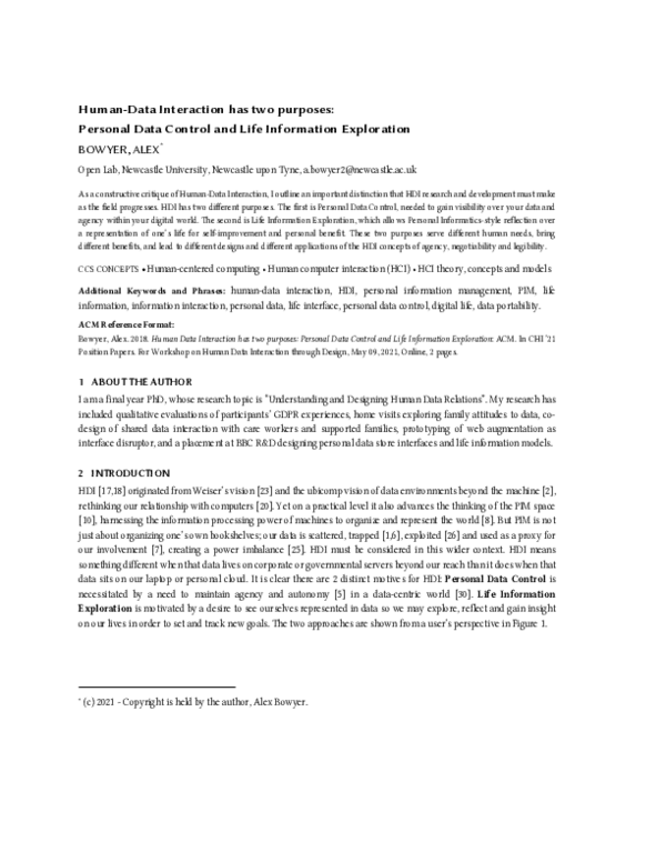 (PDF) Human-Data Interaction has two purposes: Personal Data Control and Life Information ...