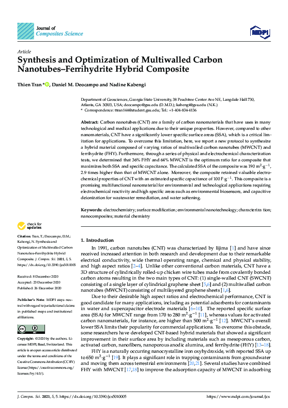 (PDF) Synthesis and Optimization of Multiwalled Carbon Nanotubes–Ferrihydrite Hybrid Composite