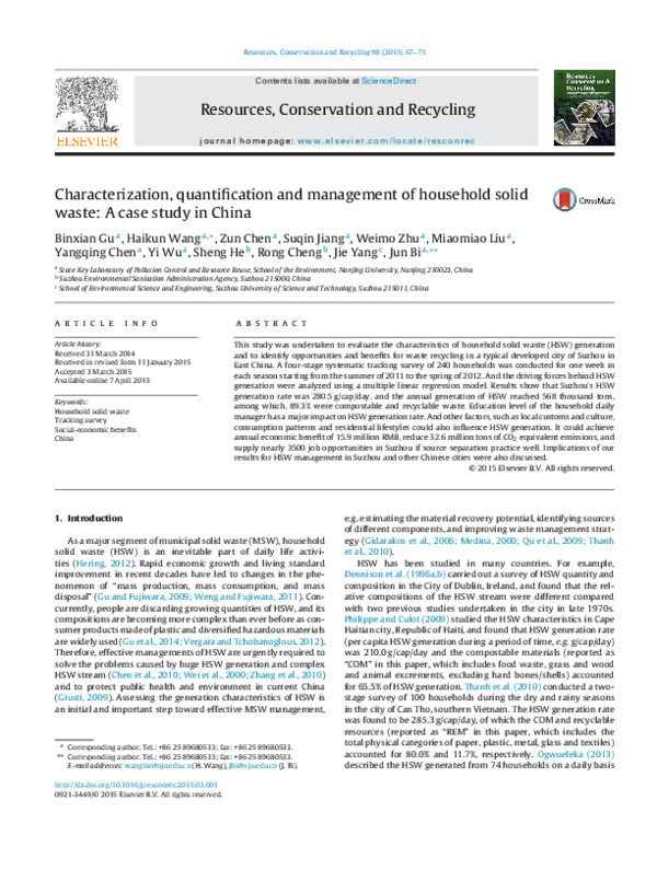 (PDF) Characterization, quantification and management of household ...