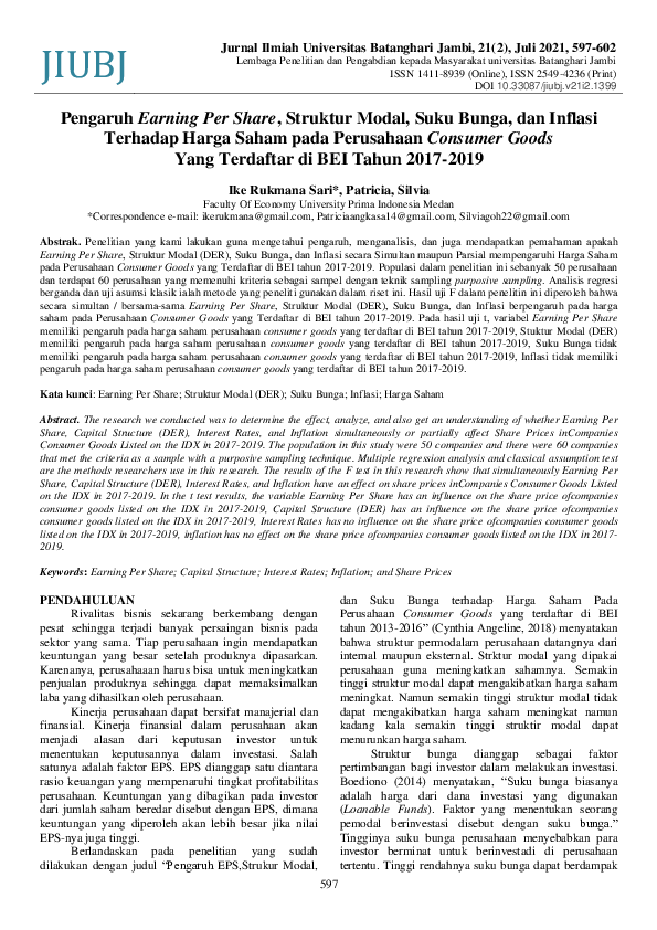 (PDF) Pengaruh Earning Per Share, Struktur Modal, Suku Bunga, dan Inflasi Terhadap Harga Saham ...