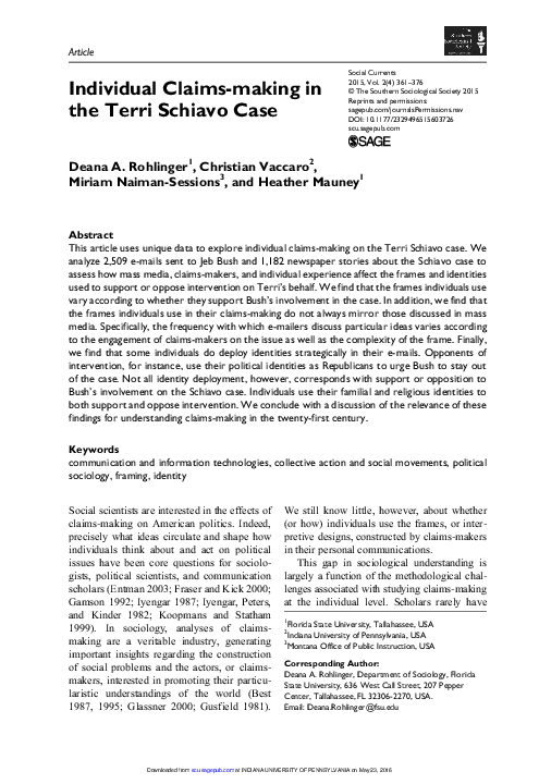 (PDF) Individual Claims-making in the Terri Schiavo Case | Deana A ...