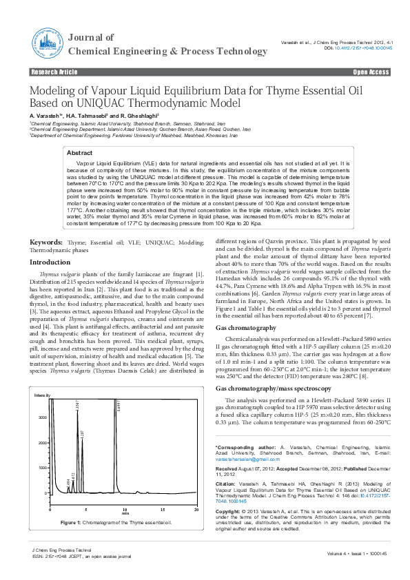 (PDF) Modeling of Vapour Liquid Equilibrium Data for Thyme Essential ...