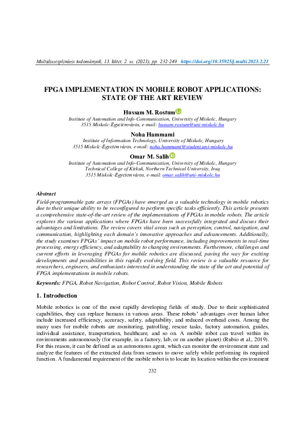 (PDF) FPGA implementation in mobile robot applications: State of the art review